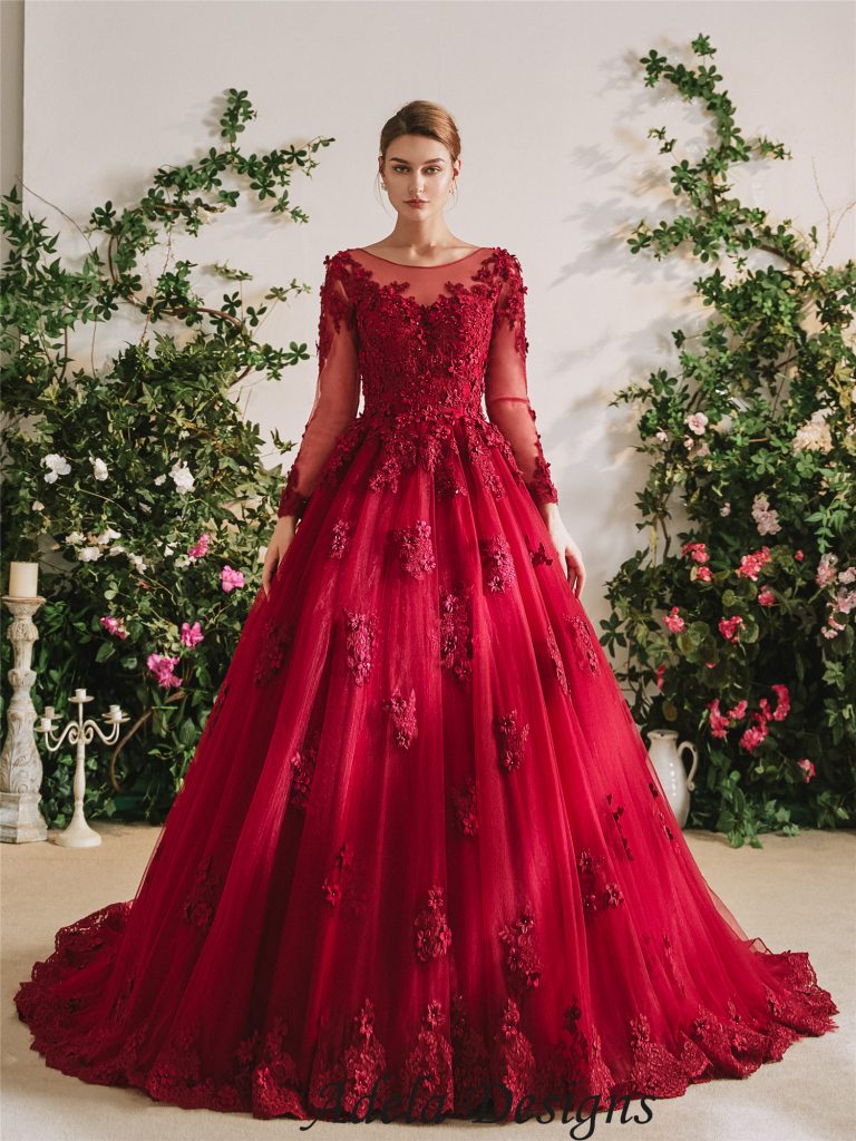 Dark Red Ball Gown Colorful Wedding Dress – Adela Designs