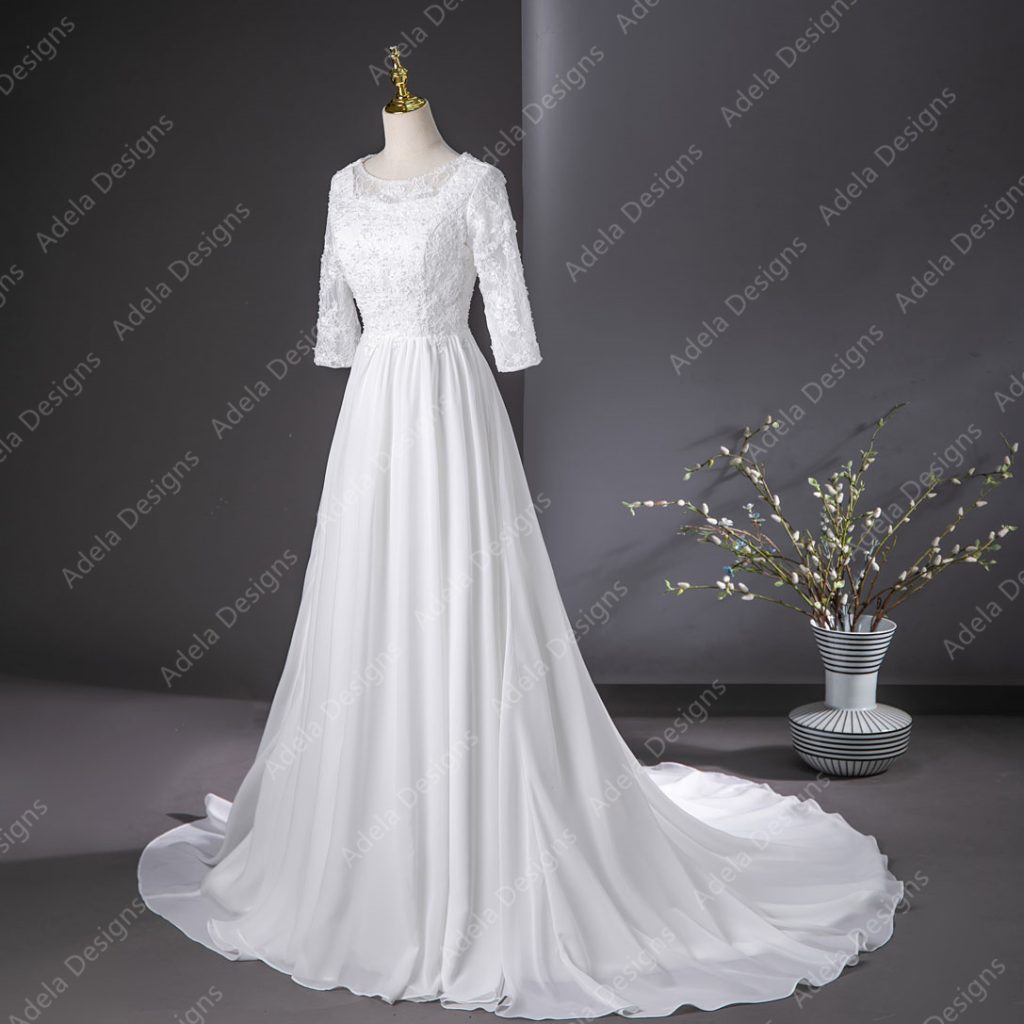 A-line Beading Lace Chiffon Modest Wedding Dress With 3/4 Sleeeves ...
