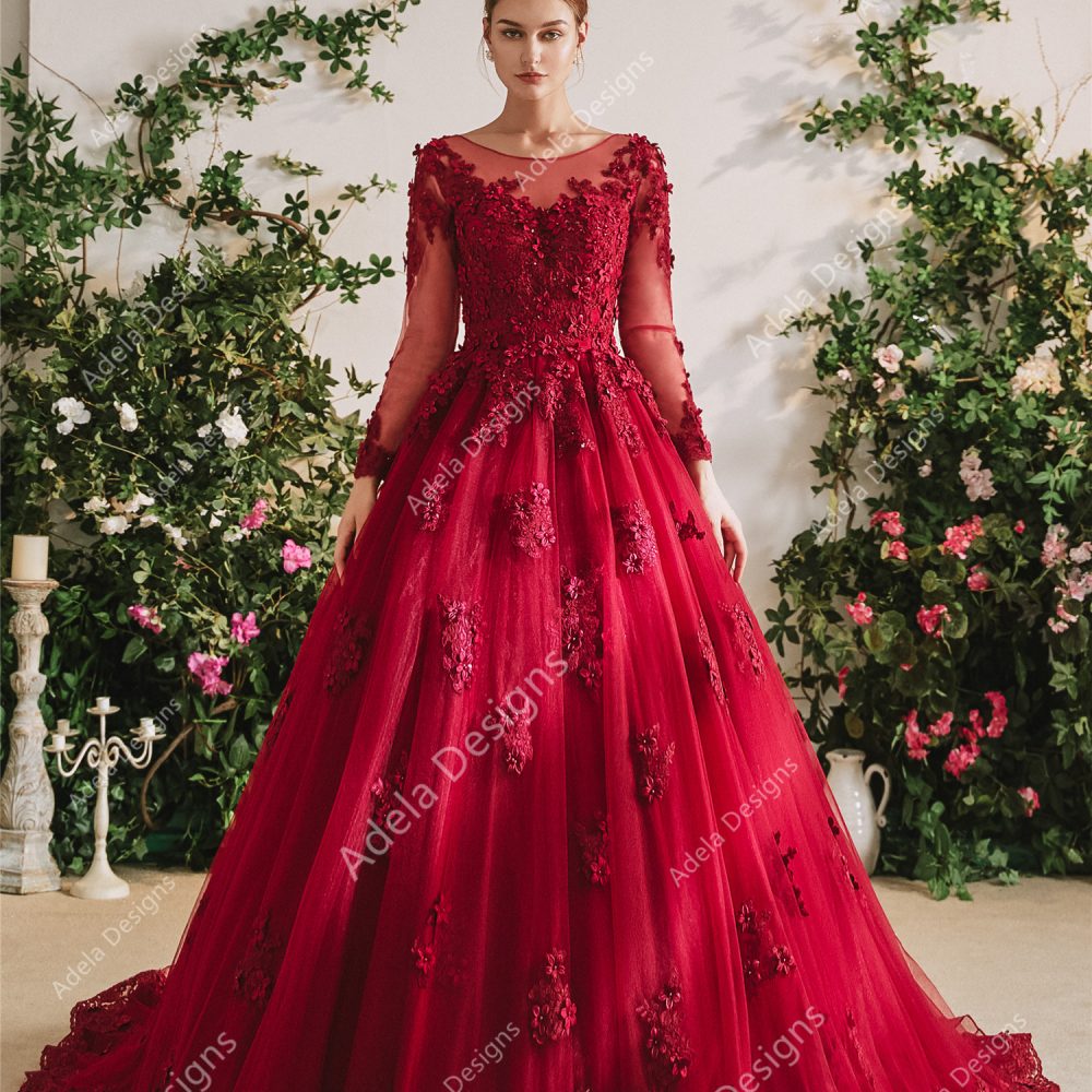 Dark Red Ball Gown Gothic Wedding Dress With Long Sleeves – Adela Designs