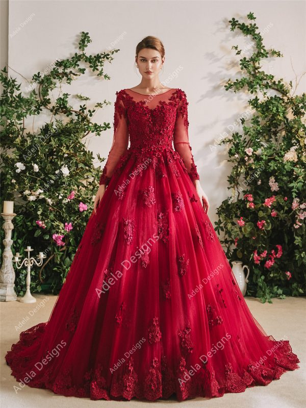 Dark Red Ball Gown Gothic Wedding Dress With Long Sleeves – Adela Designs