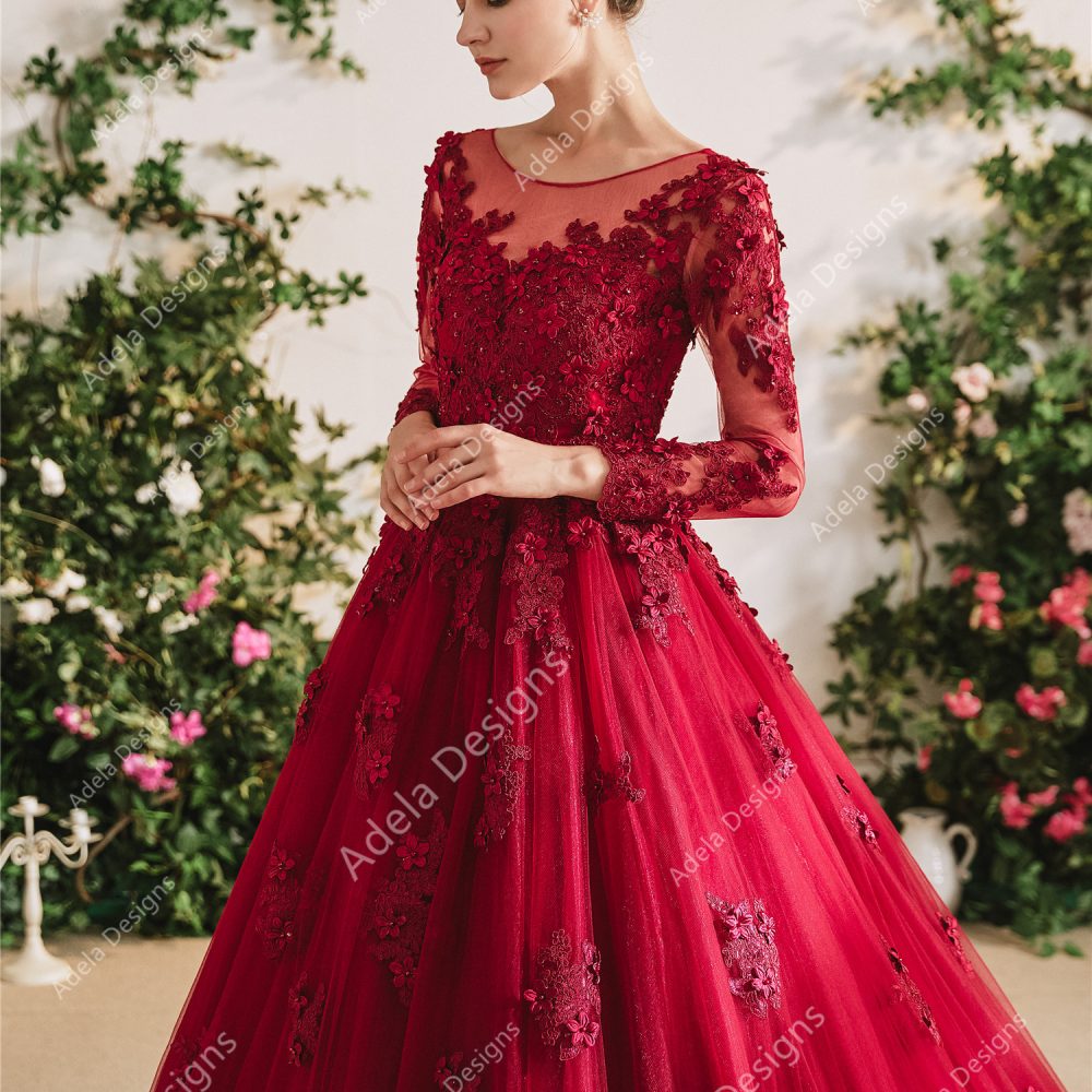 Dark Red Ball Gown Gothic Wedding Dress With Long Sleeves – Adela Designs