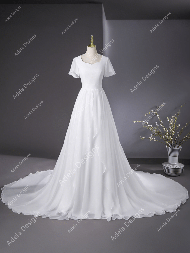 Flowy 30D Chiffon A-line Modest Wedding Dress With Flutter Sleeves ...